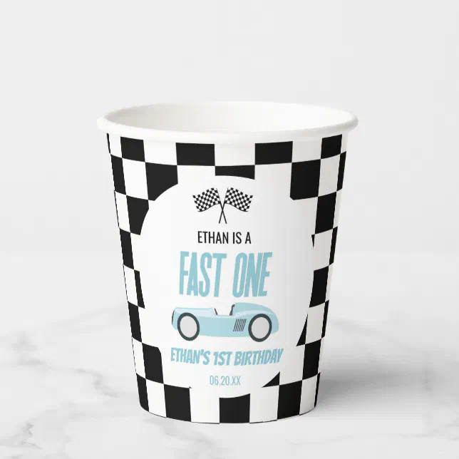 Fast One Blue Race Car 1st Birthday Party Paper Cups | Zazzle