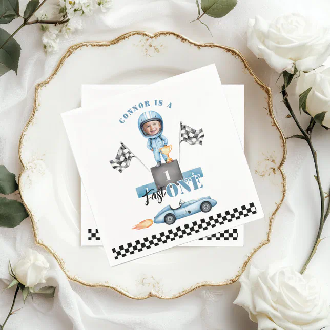 Fast One Blue race car 1st Photo Birthday Napkins | Zazzle