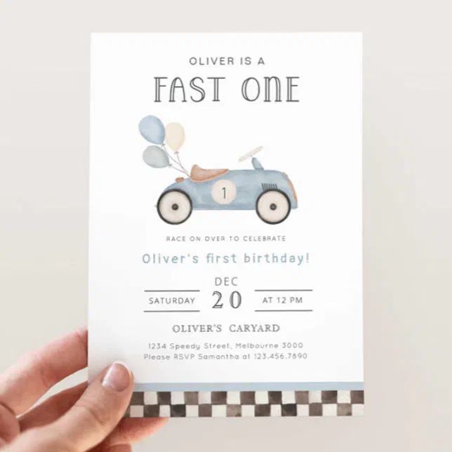 Fast One Blue Race Car & Balloons 1st Birthday Invitation | Zazzle