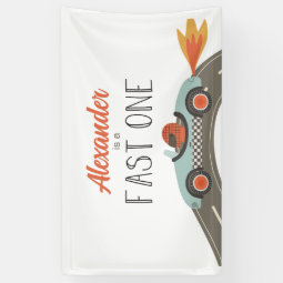 Fast One blue Race Car Birthday Banner | Zazzle