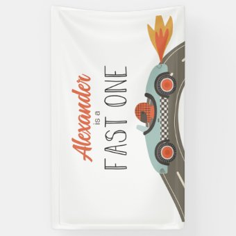 Fast One blue Race Car Birthday Banner | Zazzle