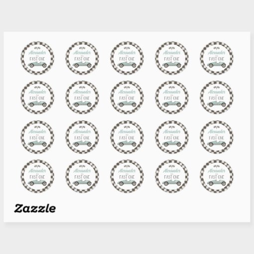 Fast One blue Race Car Birthday Classic Round Sticker | Zazzle