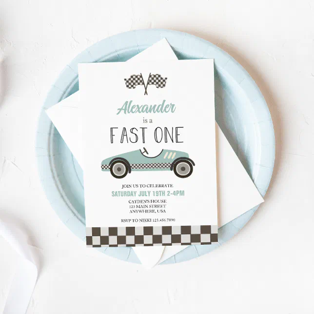 Fast One blue Race Car Birthday Invitation | Zazzle