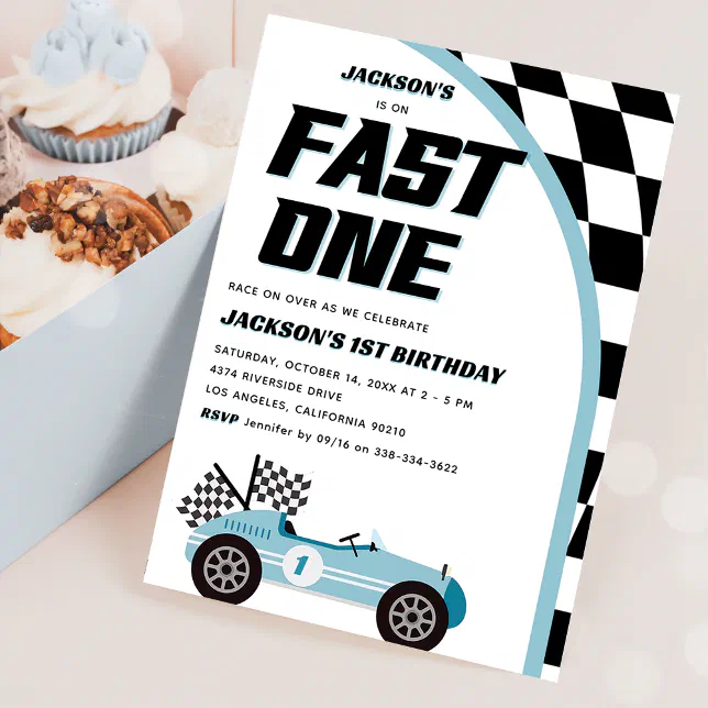 Fast One Blue Race Car Birthday Party Invitation | Zazzle