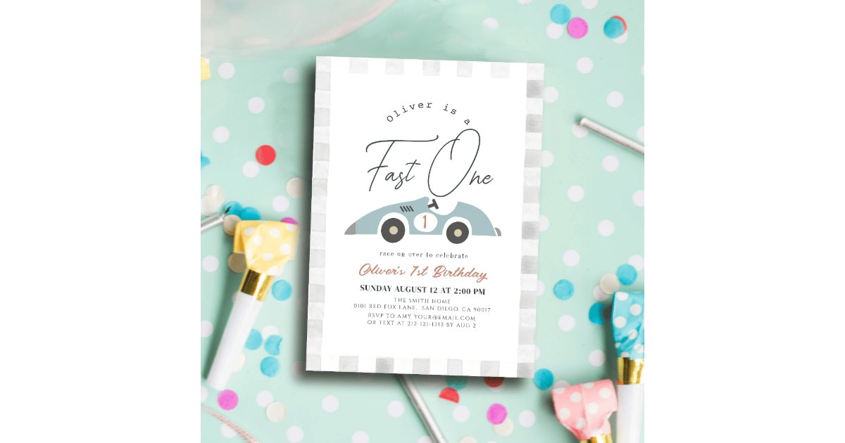 Fast One Blue Race Car Boy 1st Birthday Invitation | Zazzle