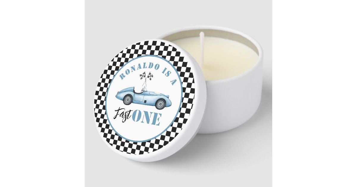 Fast One Blue race car Boy 1st Birthday Mini Candle Favors | Zazzle