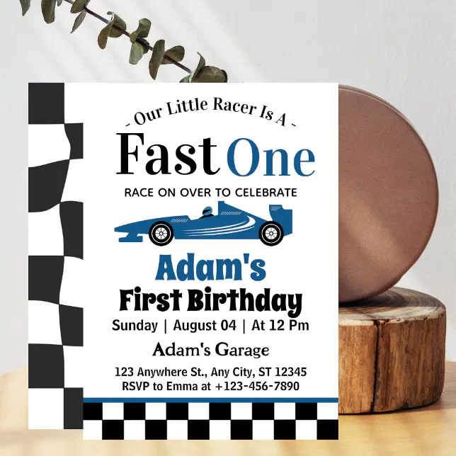 Fast One Blue Race Car Boy 1st Birthday Party Invitation | Zazzle