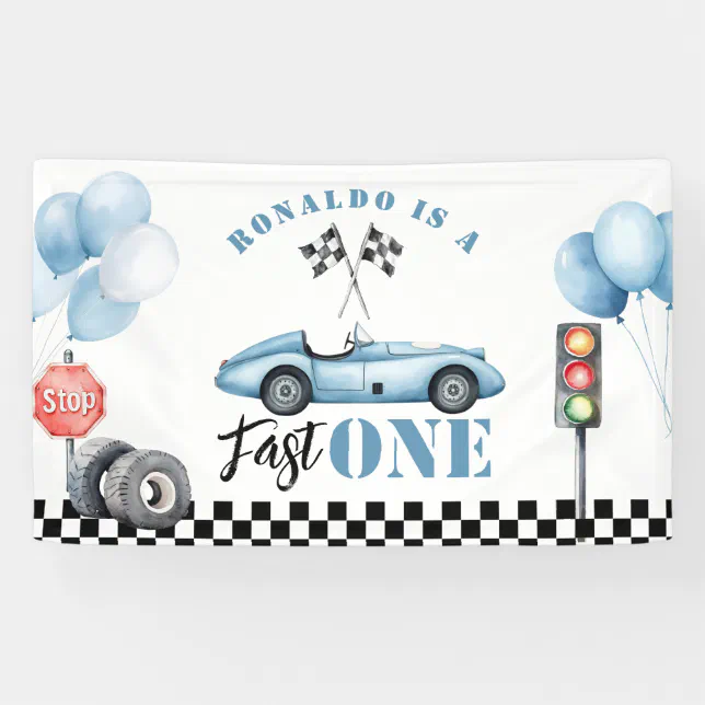 Fast One Blue race car Boy 1st Birthday Photo Banner | Zazzle