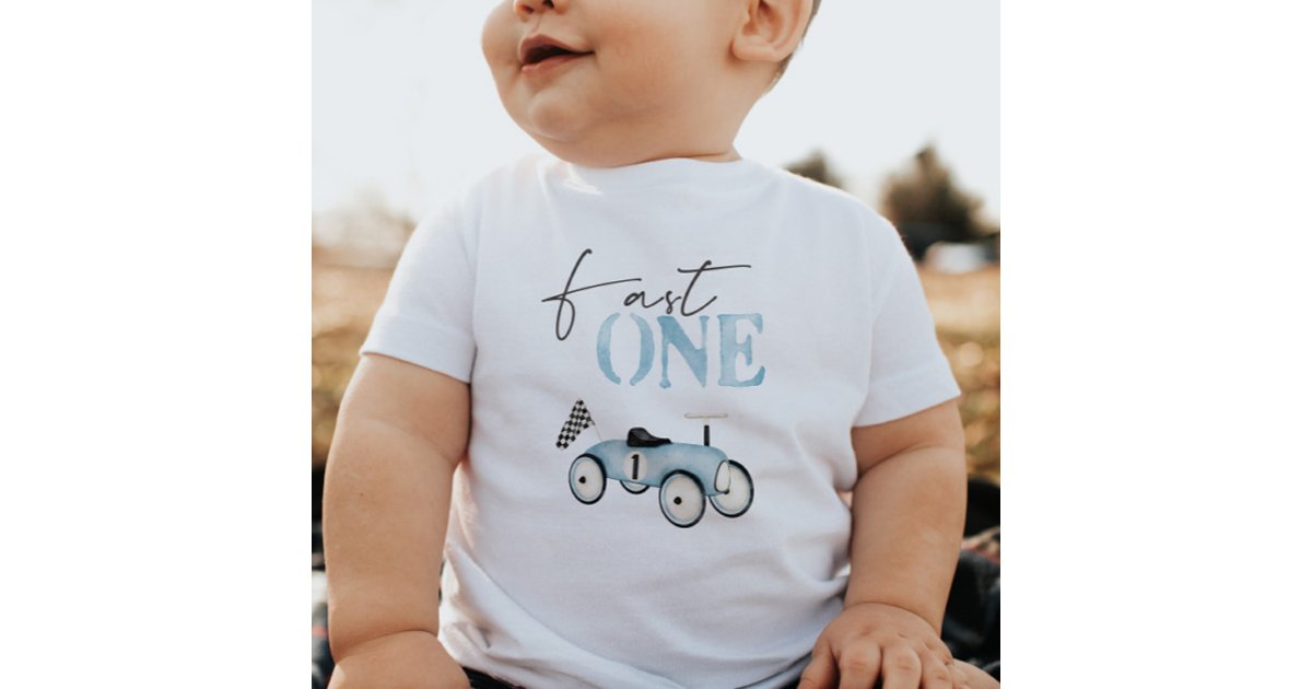 Fast ONE Blue Race Car Ride-On Birthday T-shirt | Zazzle