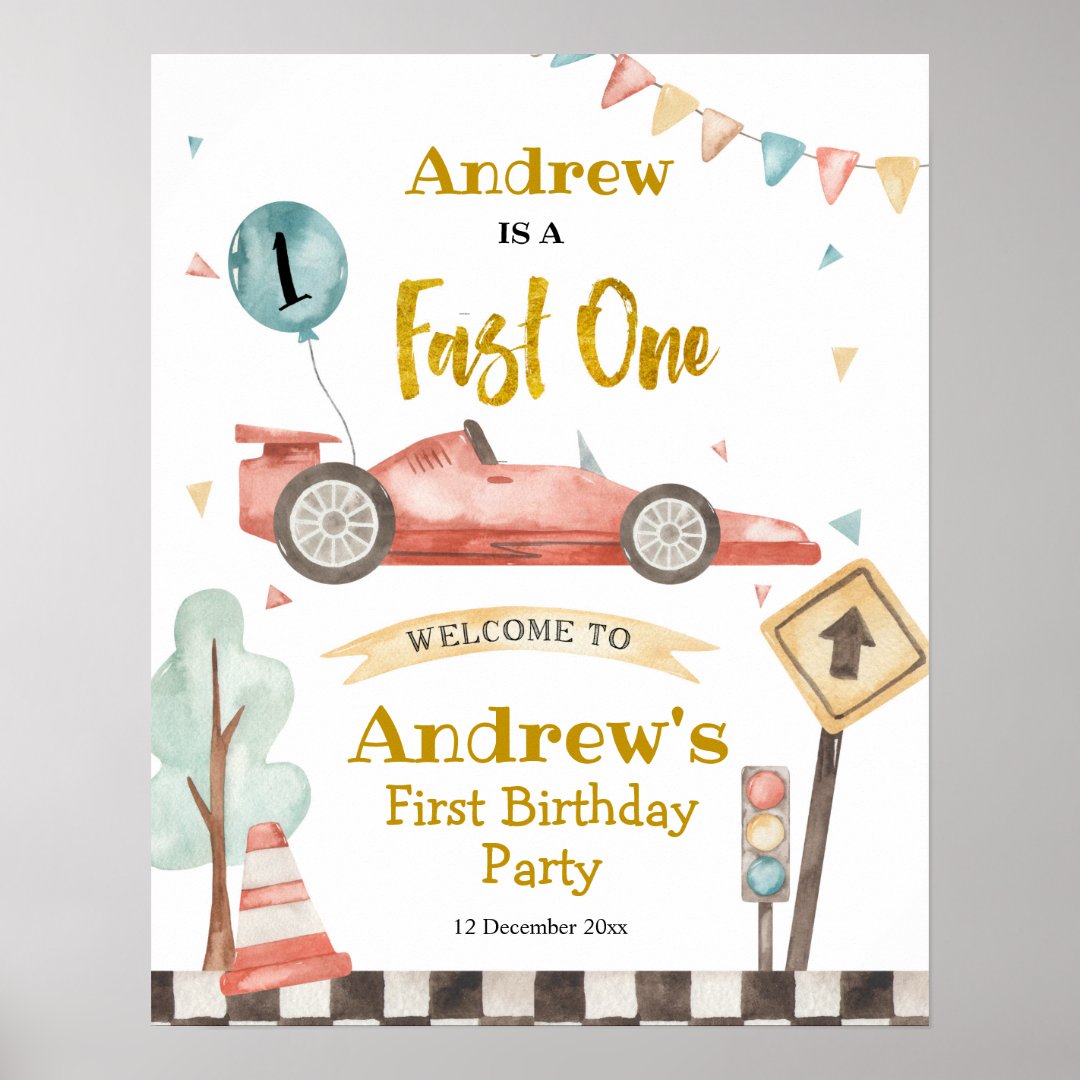 Fast One Boy First Birthday Racing Welcome Sign | Zazzle