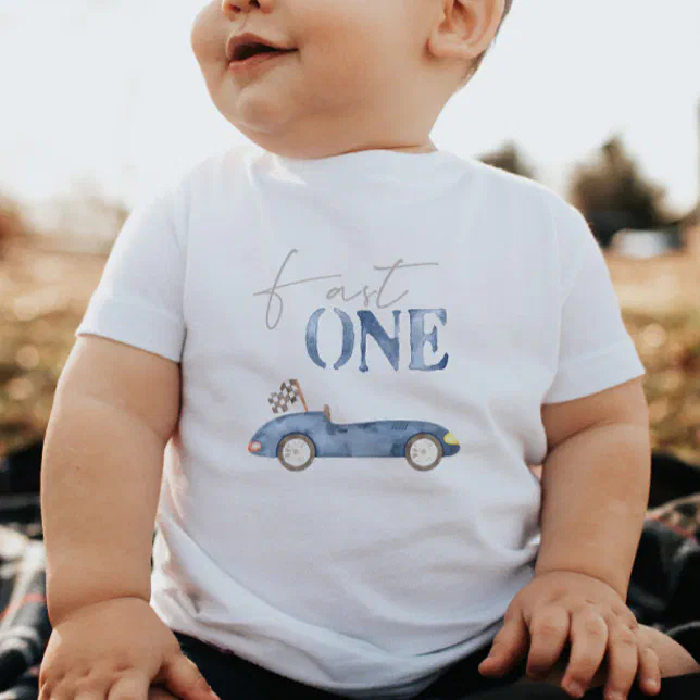 Fast One Navy Blue Race Car Birthday T-shirt | Zazzle