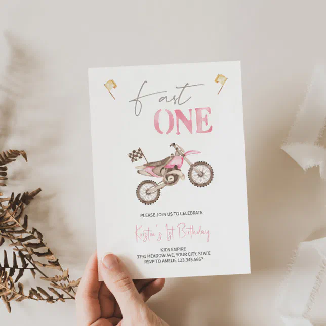 Fast ONE Pink Dirt Bike Birthday Invitation | Zazzle
