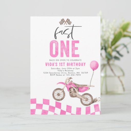 Fast One Pink Dirt Bike Girl 1st Birthday Party Invitation | Zazzle