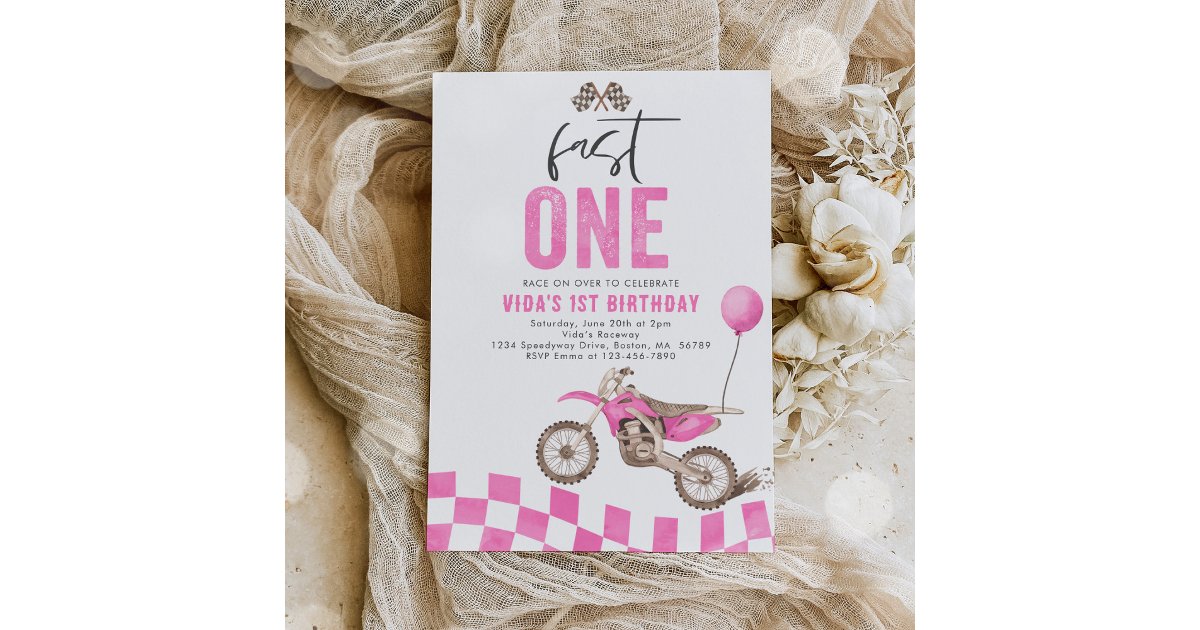 Fast One Pink Dirt Bike Girl 1st Birthday Party Invitation | Zazzle