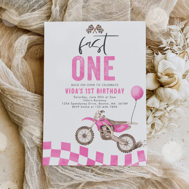 Fast One Pink Dirt Bike Girl 1st Birthday Party Invitation | Zazzle