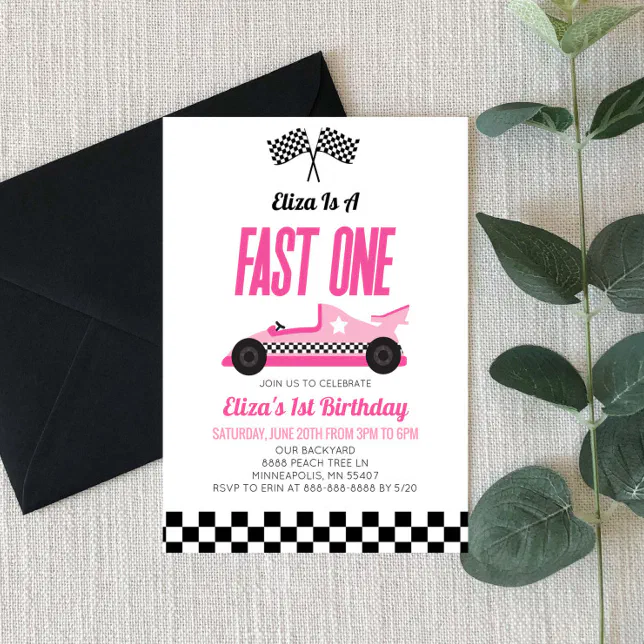 Fast One Pink Flame Race Car 1st Birthday Party Invitation | Zazzle
