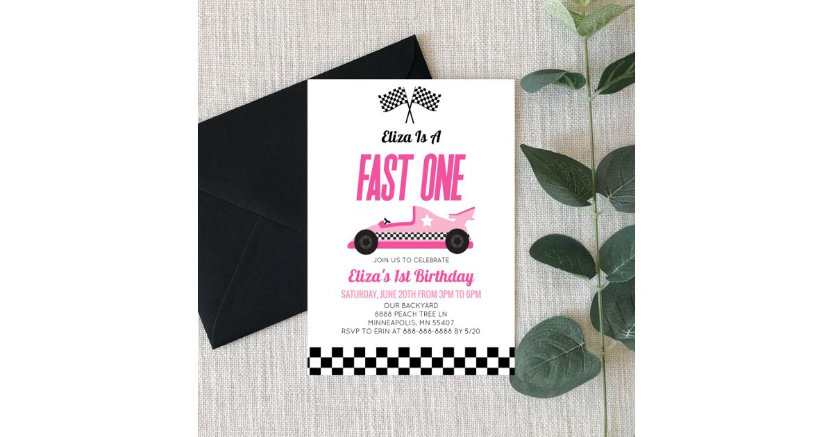 Fast One Pink Flame Race Car 1st Birthday Party Invitation | Zazzle