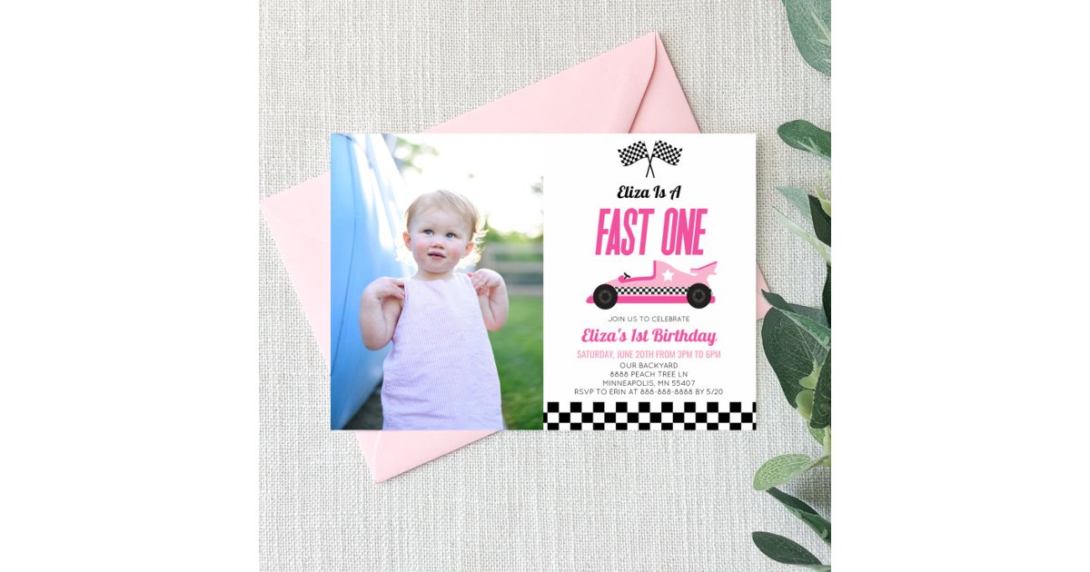 Fast One Pink Flame Race Car 1st Birthday Party Invitation | Zazzle