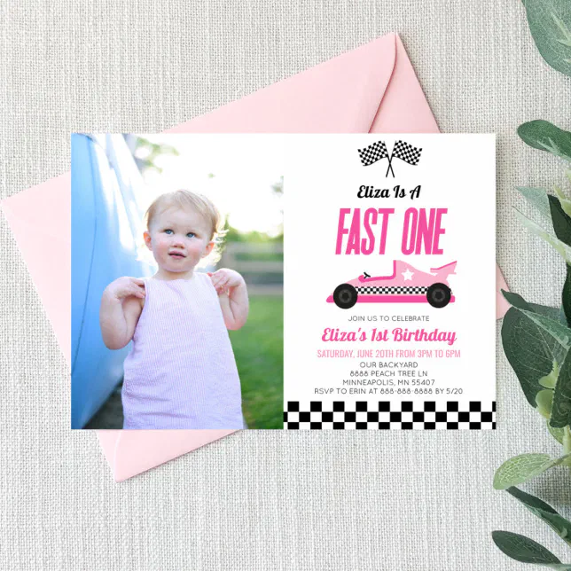 Fast One Pink Flame Race Car 1st Birthday Party Invitation | Zazzle
