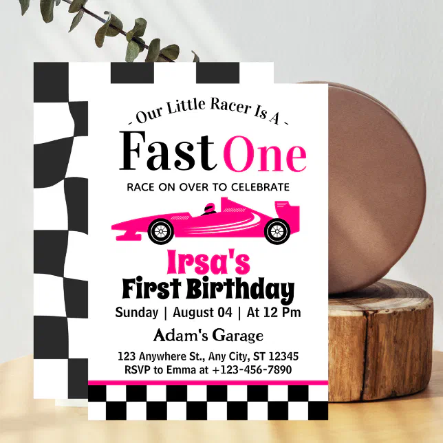 Fast One Pink Race Car Girl 1st Birthday Party Invitation | Zazzle