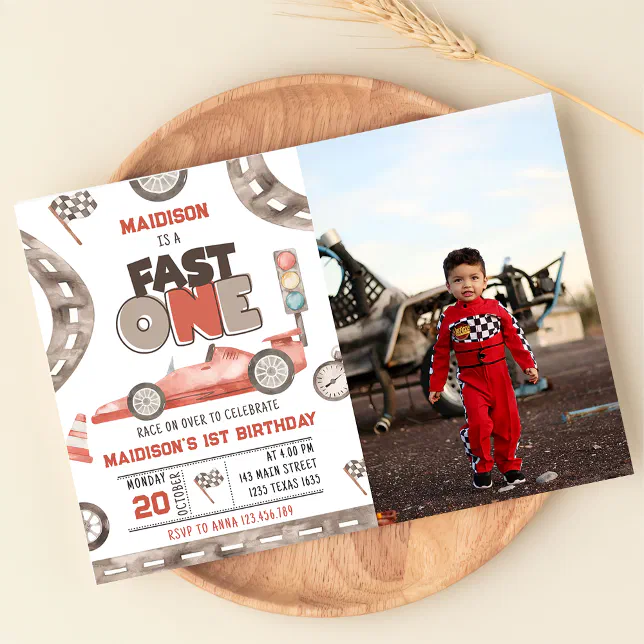 Fast One Race Car 1st Birthday Party Photo Invitation | Zazzle