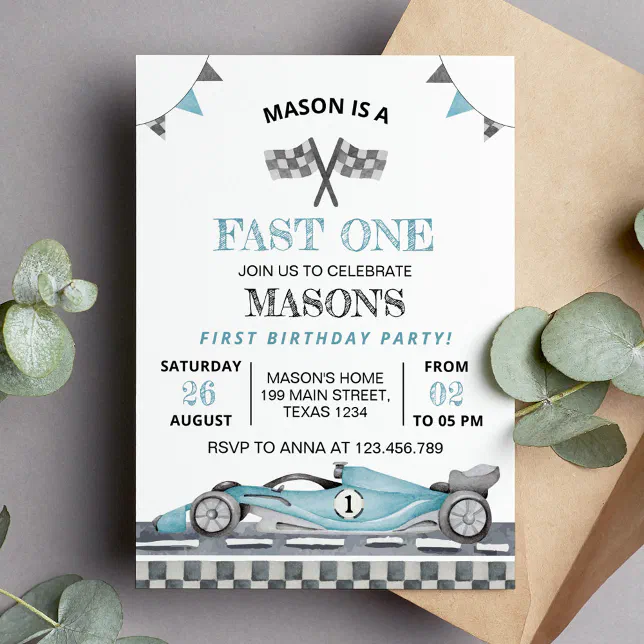 Fast One Race Car 1st Boy Birthday Invitation | Zazzle