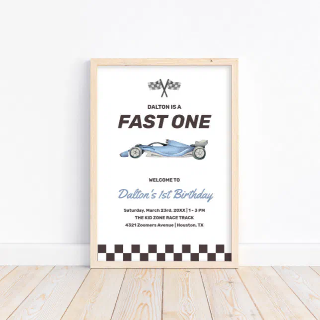 Fast One Race Car 1st Boy's Birthday Party Welcome Poster | Zazzle