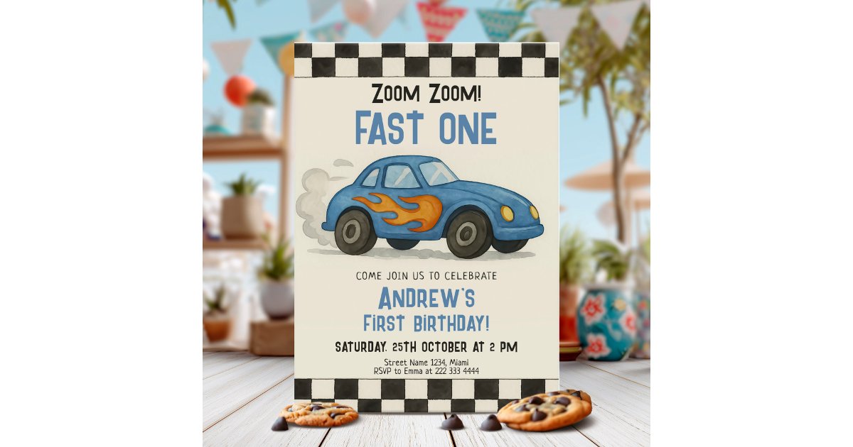 Fast One Race Car Birthday Party Invitation | Zazzle