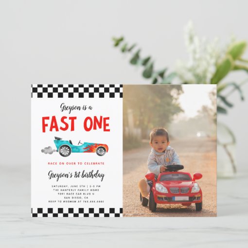 FAST ONE Race Car Boy 1st Birthday Party Photo Invitation | Zazzle