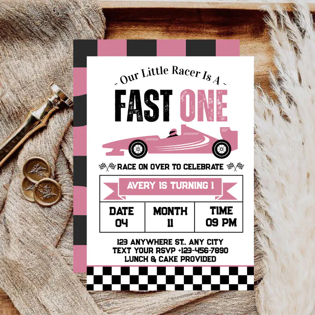 Fast One Race Car Girl 1st Birthday Party Invitation | Zazzle