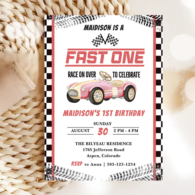 Fast One Race Car Girl 1st Birthday Party Invitation | Zazzle