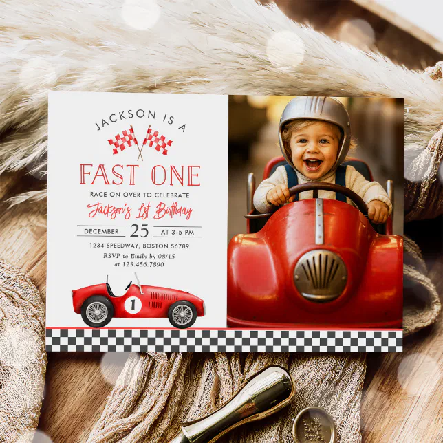 Fast One Race Car Racing Boy 1st Birthday Photo Invitation | Zazzle