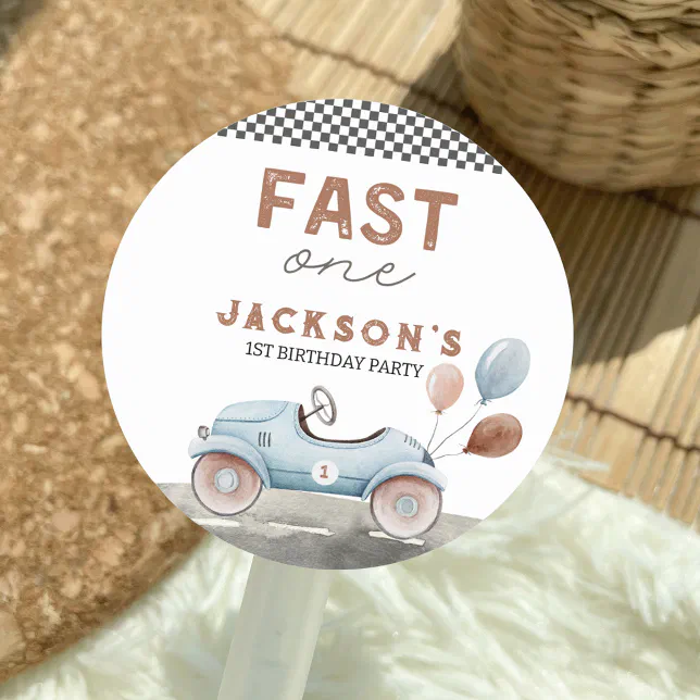 Fast One Racing Car Blue Boy 1st Birthday Classic Round Sticker | Zazzle