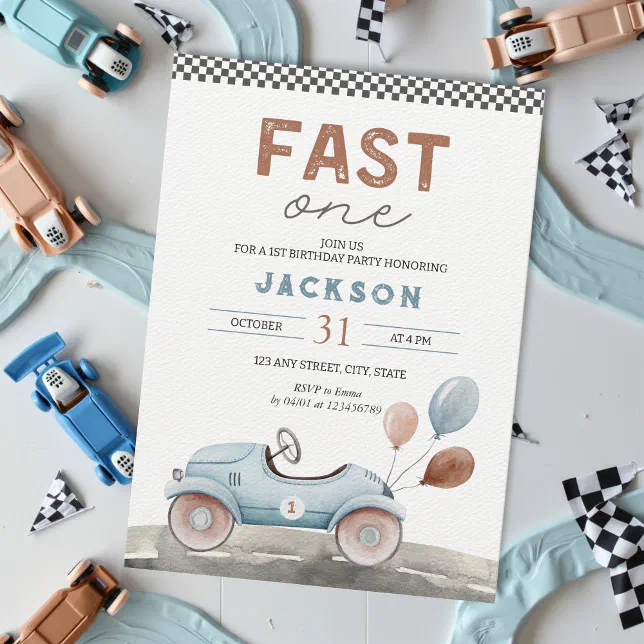 Fast One Racing Car Blue Boy 1st Birthday Invitation | Zazzle