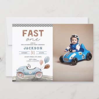 Fast One Racing Car Blue Boy 1st Photo Birthday Invitation | Zazzle