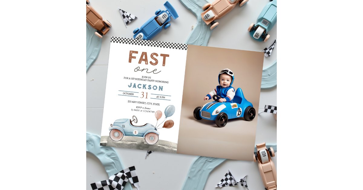 Fast One Racing Car Blue Boy 1st Photo Birthday Invitation | Zazzle