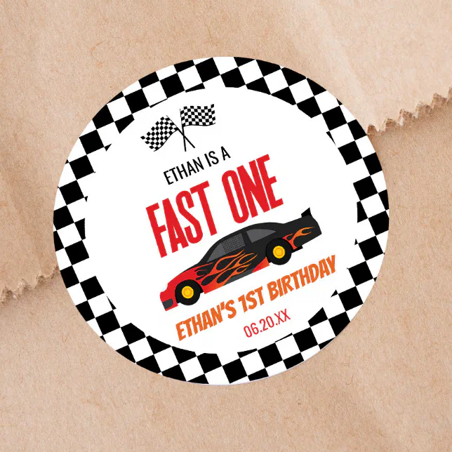 Fast One Red Flame Race Car 1st Birthday Party Classic Round Sticker ...