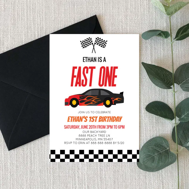 Fast One Red Flame Race Car 1st Birthday Party Invitation | Zazzle