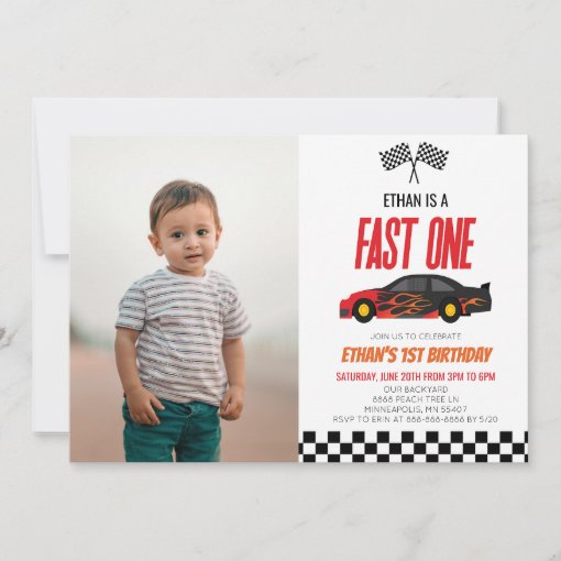 Fast One Red Flame Race Car 1st Birthday Party Invitation | Zazzle