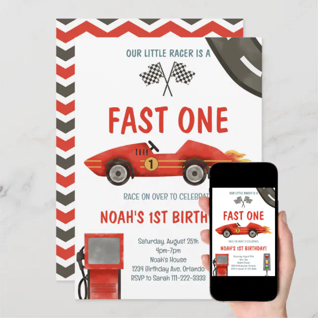 Fast One Red Race Car 1st Birthday Invitation | Zazzle