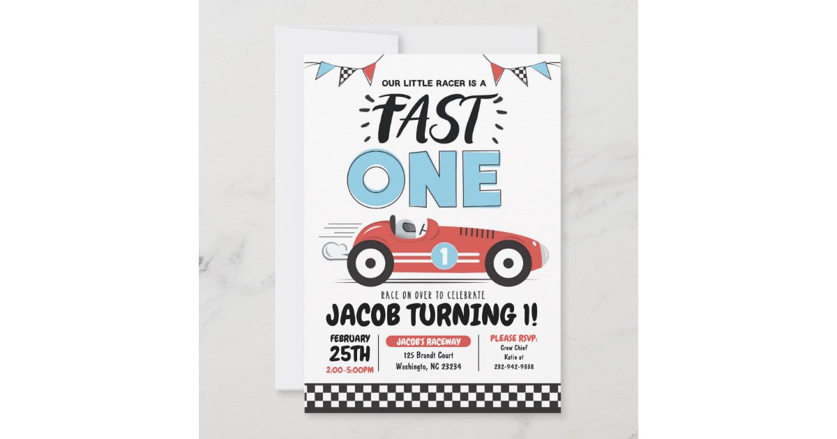Fast One Red Race Car Boy 1st Birthday Party Invit Invitation | Zazzle