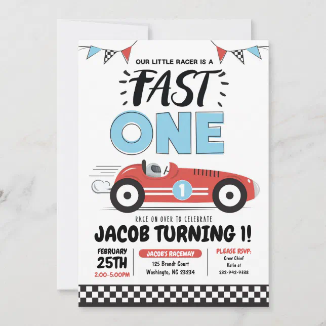 Fast One Red Race Car Boy 1st Birthday Party Invit Invitation | Zazzle