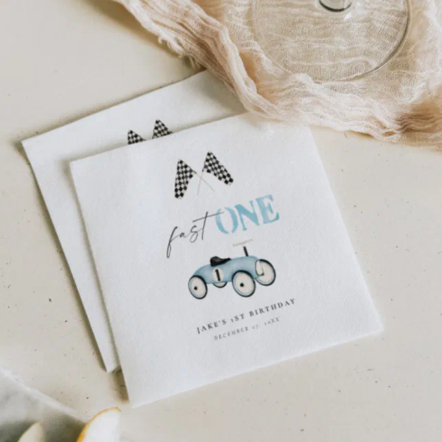 Fast ONE Retro Car Ride-On Blue Napkins | Zazzle