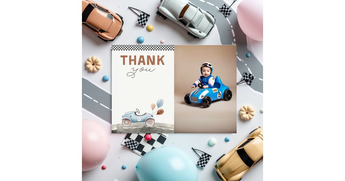 Fast One Two Race Car Birthday Photo Thank You Card | Zazzle