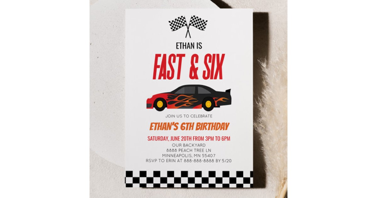 Fast & Six Red Flame Race Car 6th Birthday Party Invitation | Zazzle