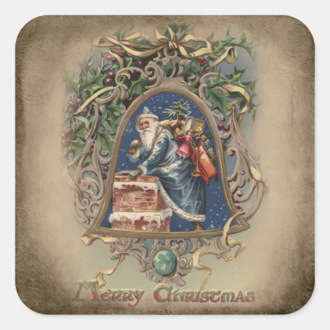 Father Christmas in Blue Robes with Holly Square Sticker | Zazzle