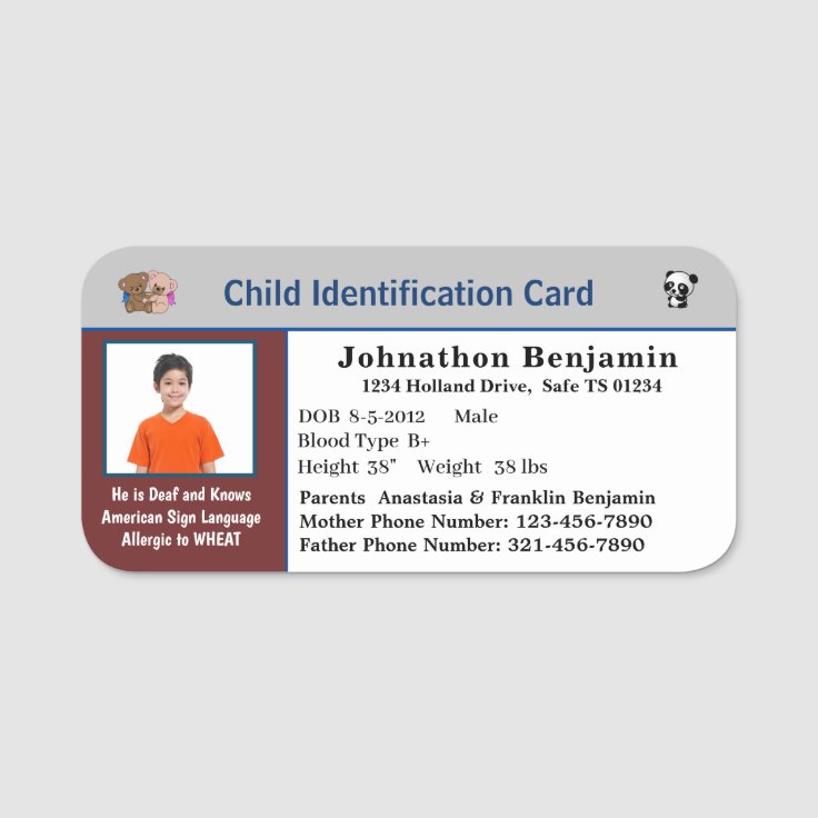 Father Mother Contacts Child ID Card Personalize Name Tag | Zazzle