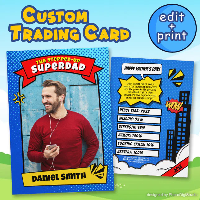 Fathers Day Card Comic Stepped Up Dad Trading Card | Zazzle