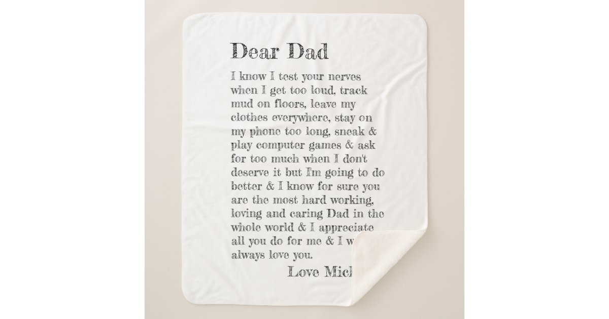 Fathers Day Dear Dad Letter Personalized Sherpa Blanket | Zazzle