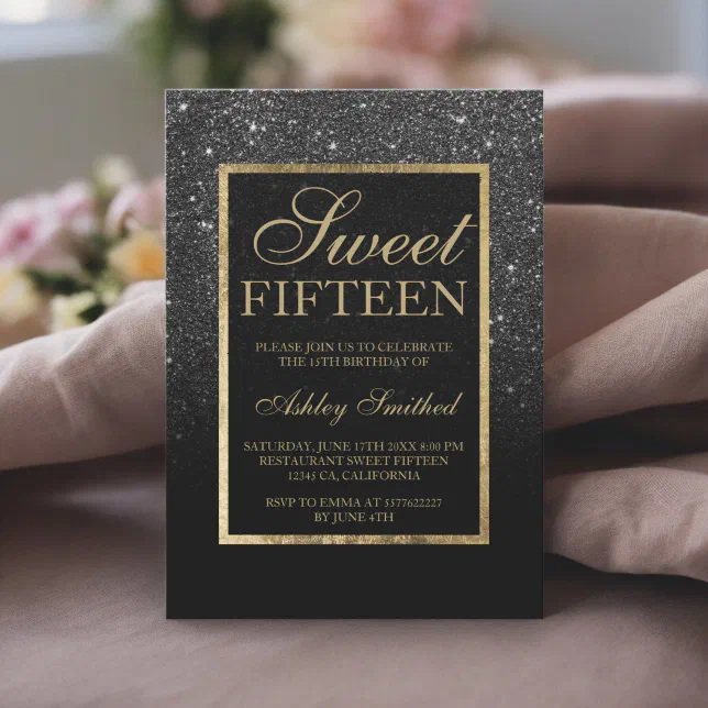 Faux black glitter gold elegant chic Sweet 15 Invitation | Zazzle
